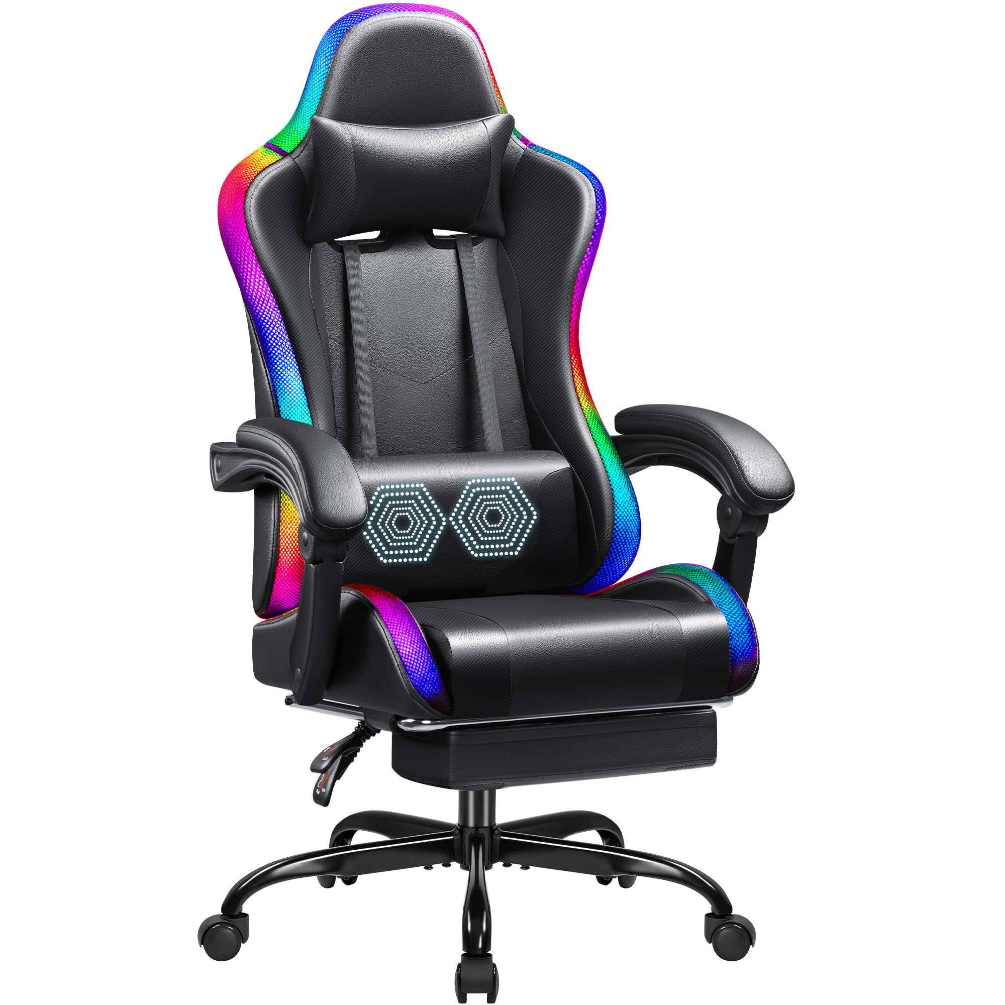 Shahoo Gaming Chair with LED Lights Footrest and Massage Lumbar Support Ergonomic Computer Seat Height Adjustable with 360 Swivel and Headrest